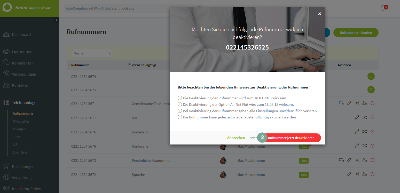 Rufnummern verwalten in der fonial Telefonanlage